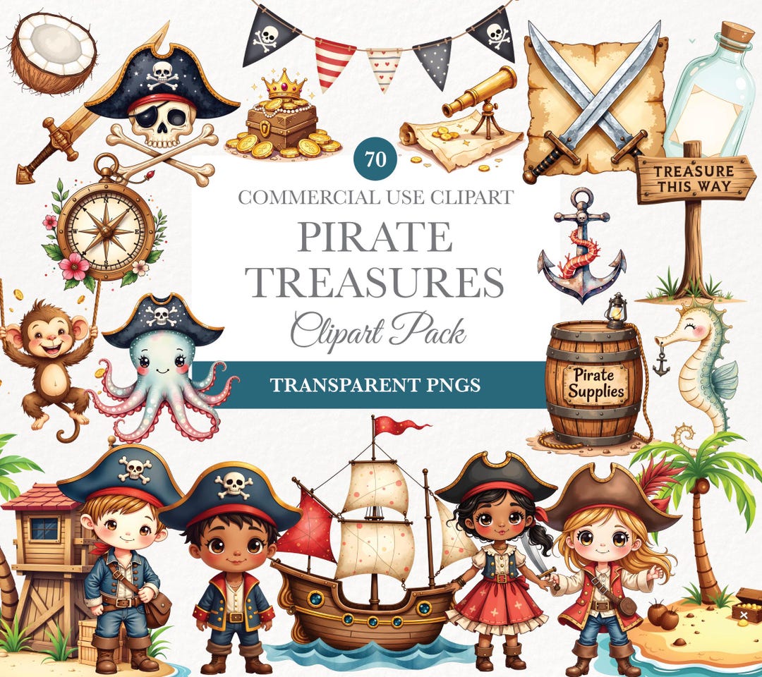Treasure Island Clipart, Cute Pirate Art, Printable Graphics, Digital ...