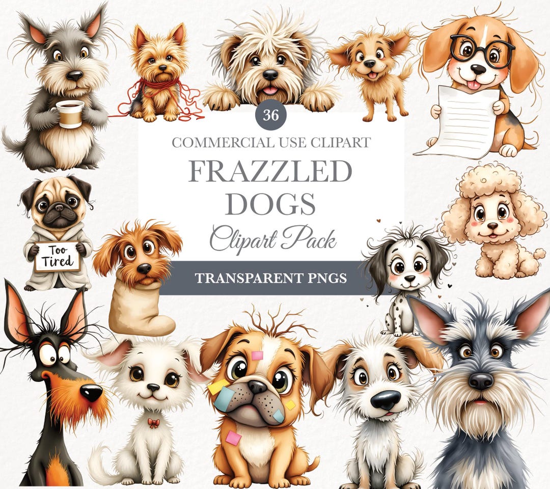 Frazzled Dog Clipart, Cute Quirky Puppy Illustrations, High-quality ...