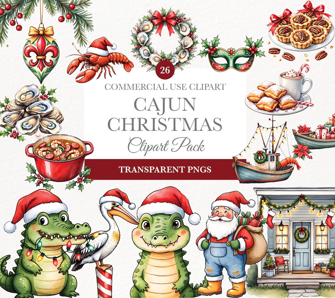 Cajun Christmas Clipart, Watercolor Santa and Alligator Art, Southern ...
