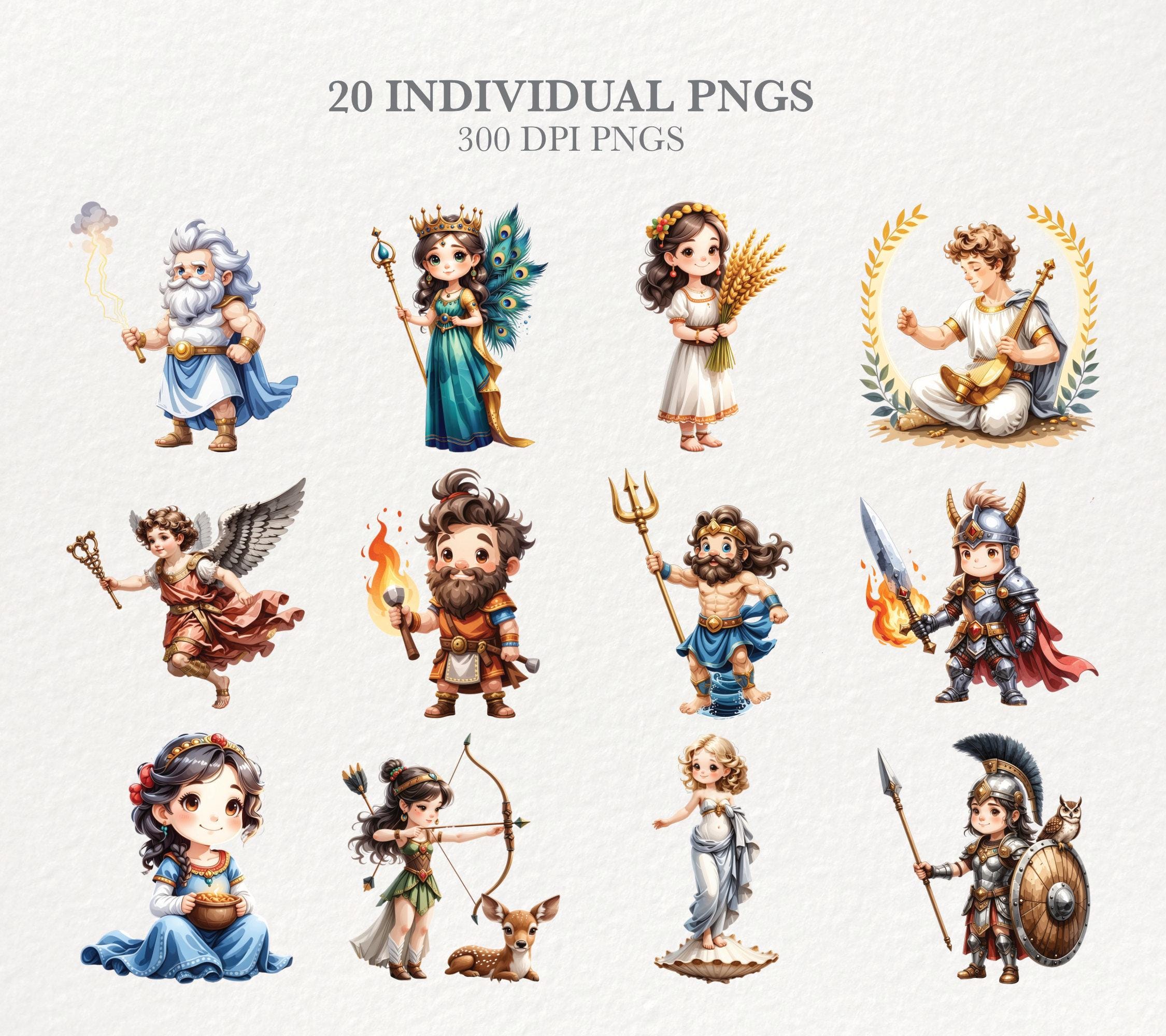 Greek Gods and Goddesses Clipart, 20 Watercolor PNG, Mythology Art for ...