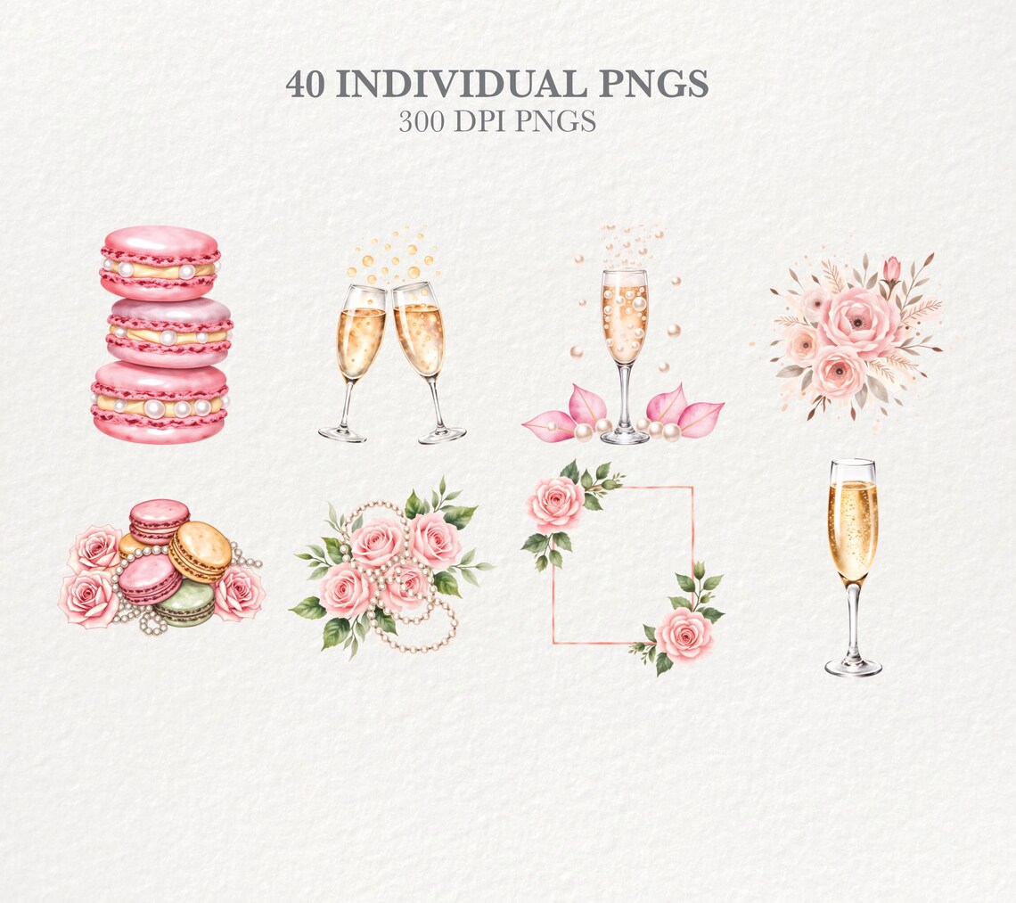 Pearls and Prosecco Clipart: Watercolor Champagne Graphics for Bridal ...