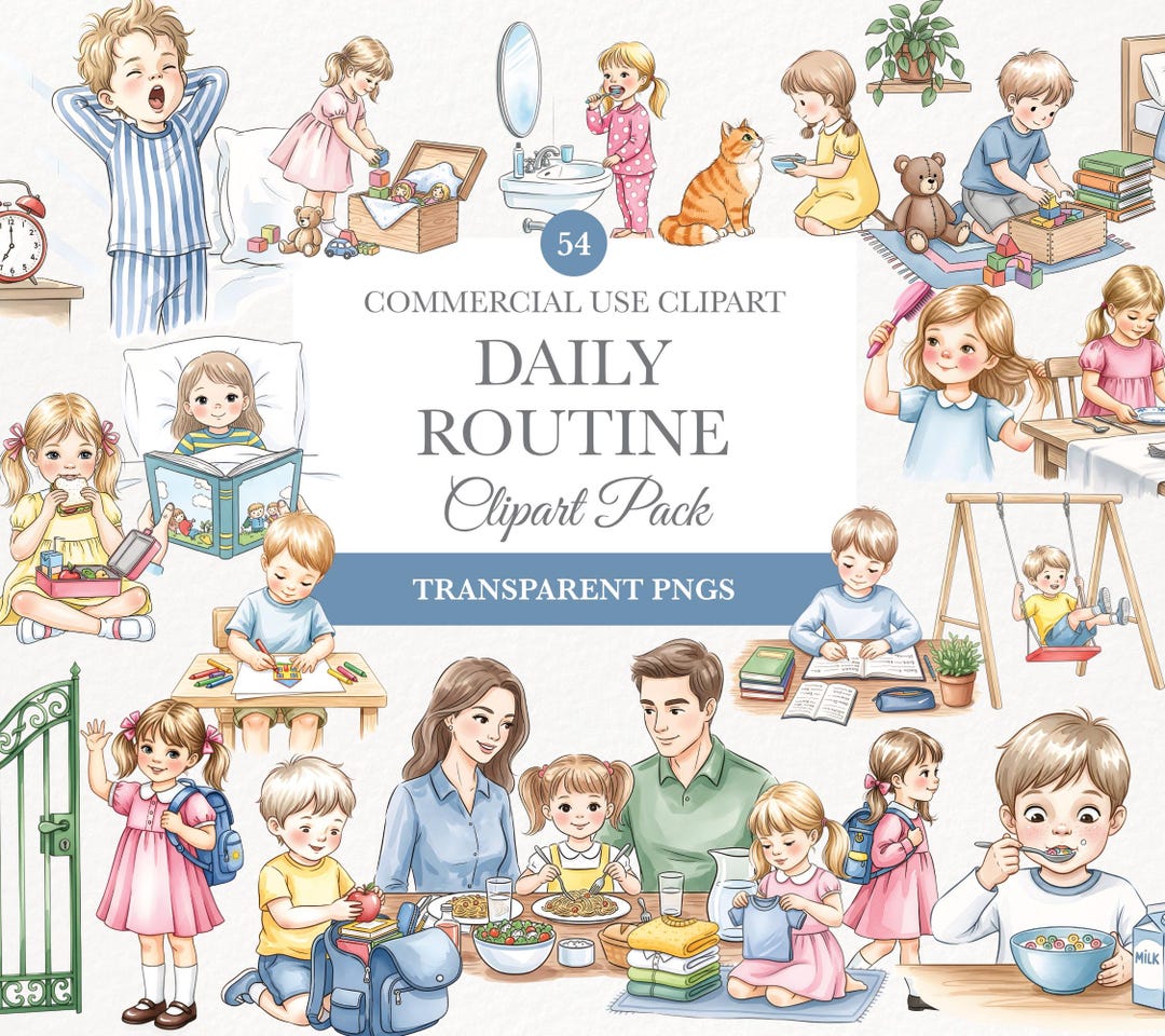 Kids Daily Routine Watercolor Clipart, Visual Schedule Art for Toddlers ...