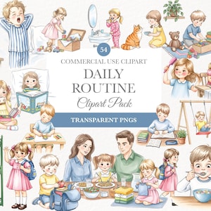 Kids Daily Routine Watercolor Clipart, Visual Schedule Art for Toddlers ...