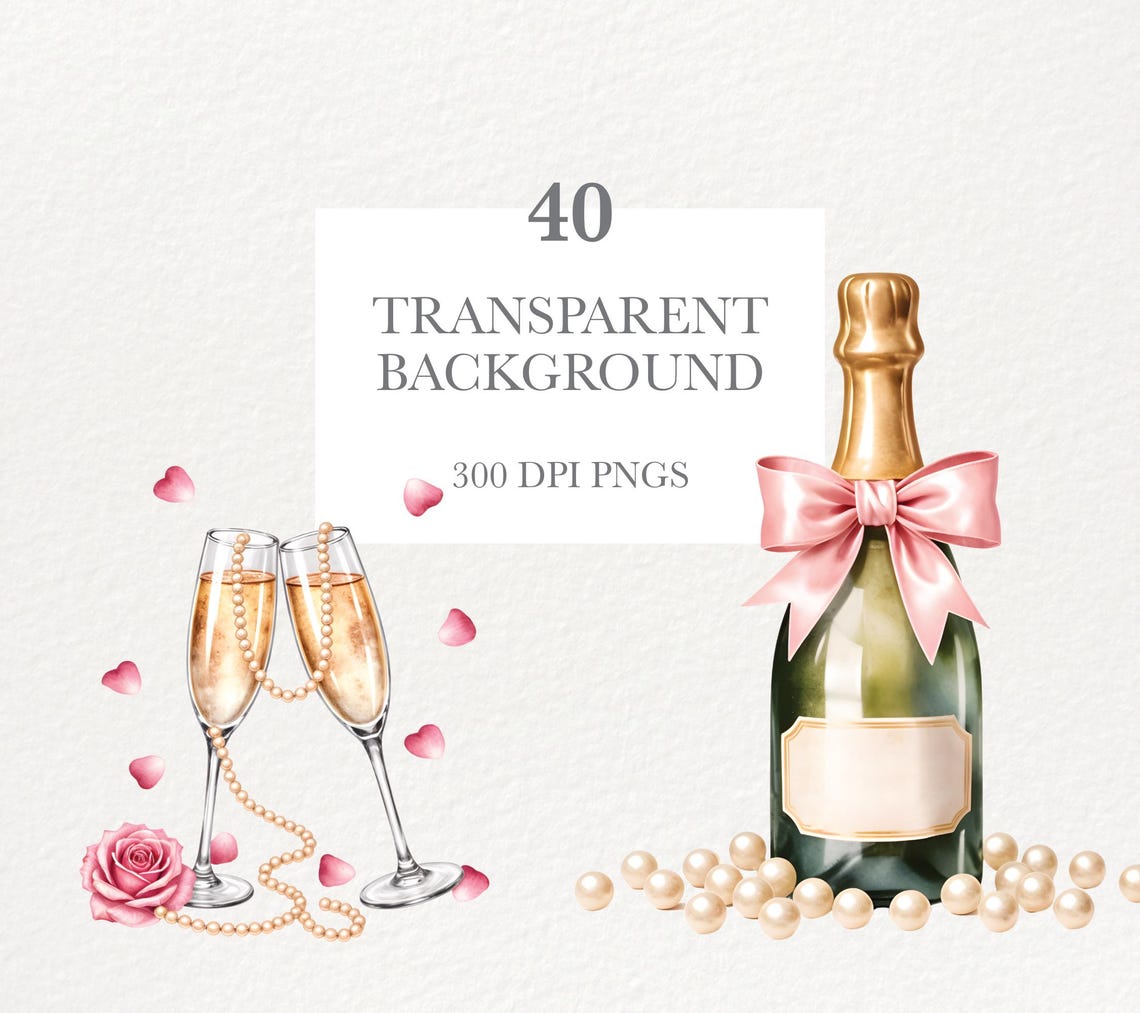 Pearls and Prosecco Clipart: Watercolor Champagne Graphics for Bridal ...