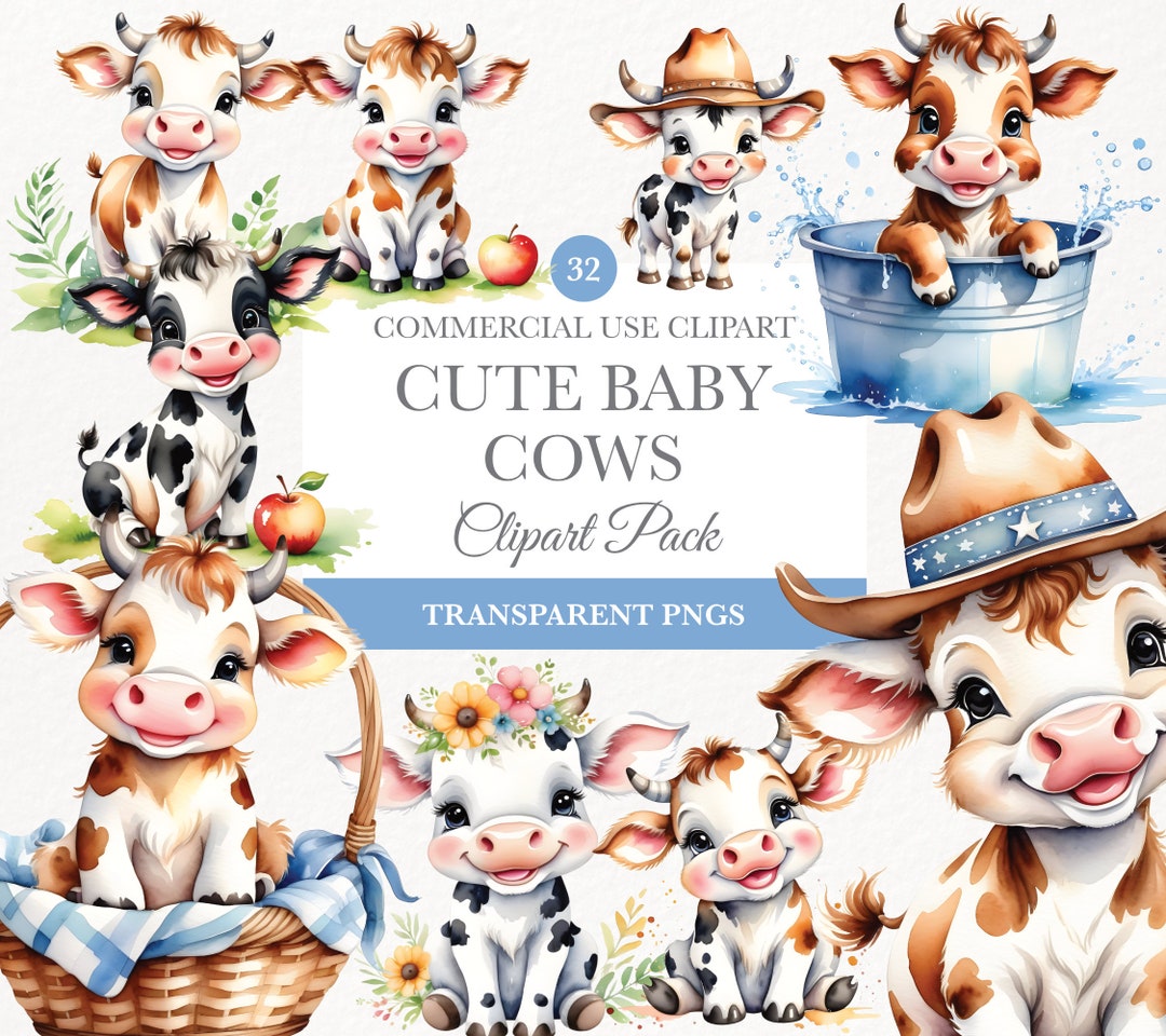 Cute Baby Cow Watercolor Clipart, Digital Download, Nursery Wall Art ...