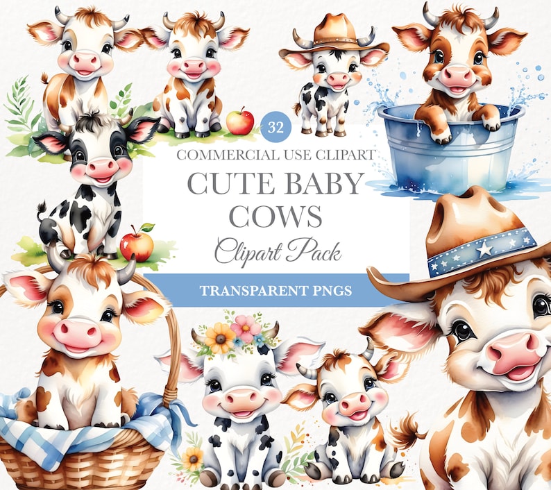 Cute Baby Cow Watercolor Clipart, Digital Download, Nursery Wall Art ...