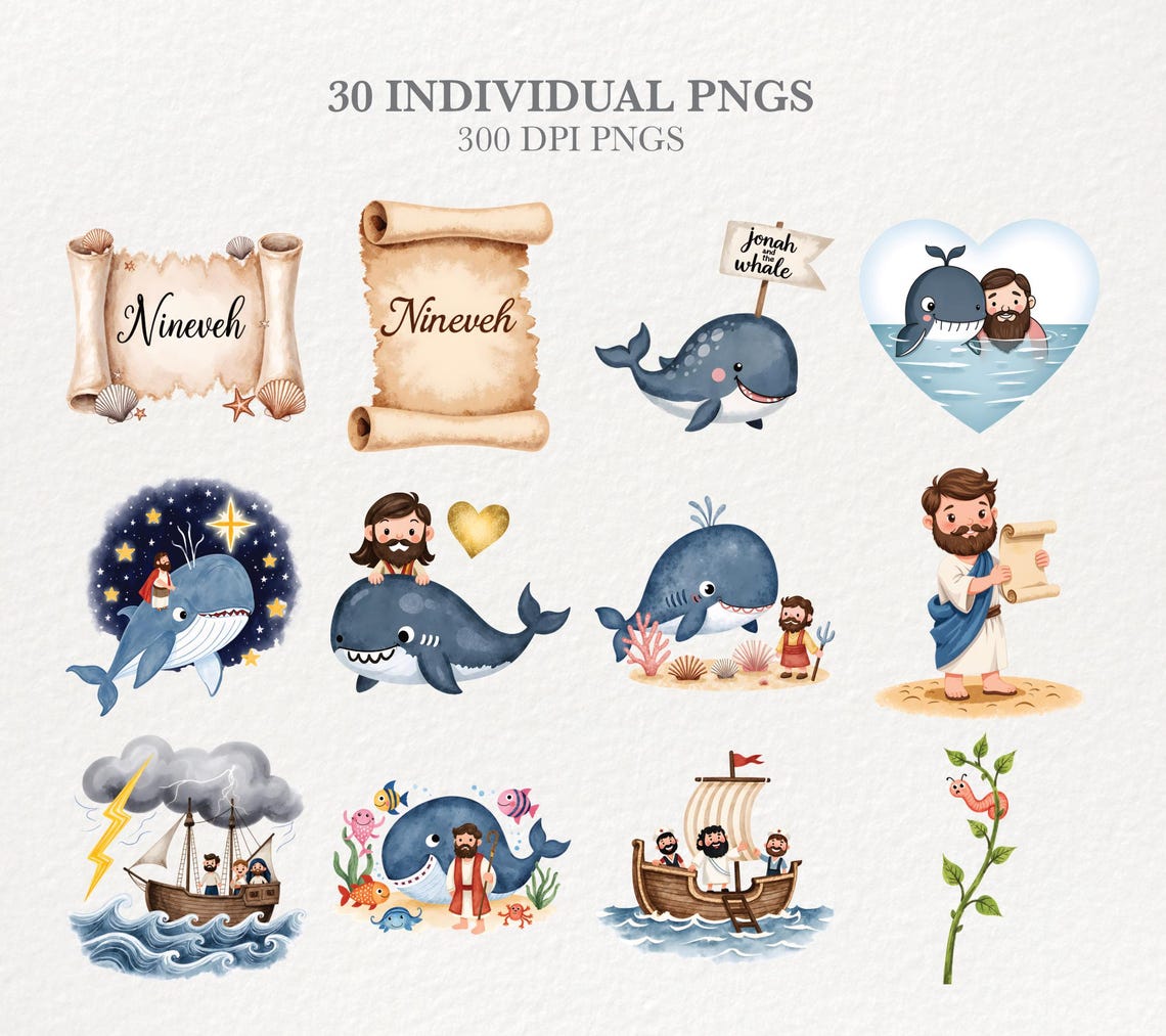 Jonah and the Whale Clipart, Cute Bible Story Illustrations, Digital ...