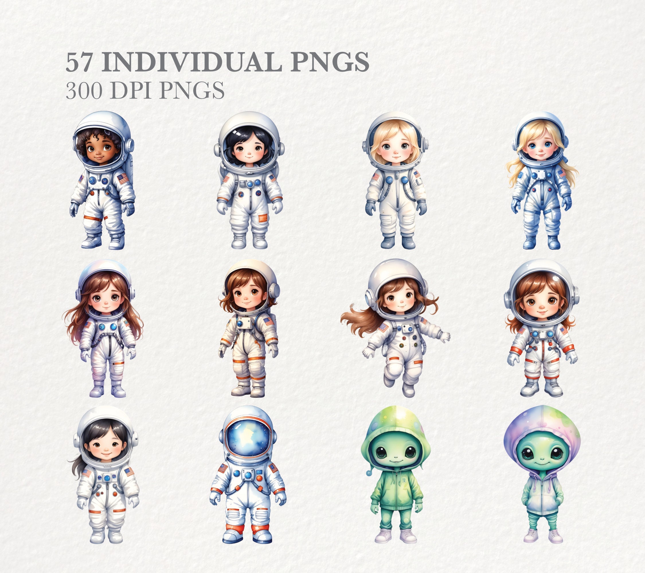 Astronaut and Space Watercolor Clipart, Cute Outerspace Clipart, Rocket ...