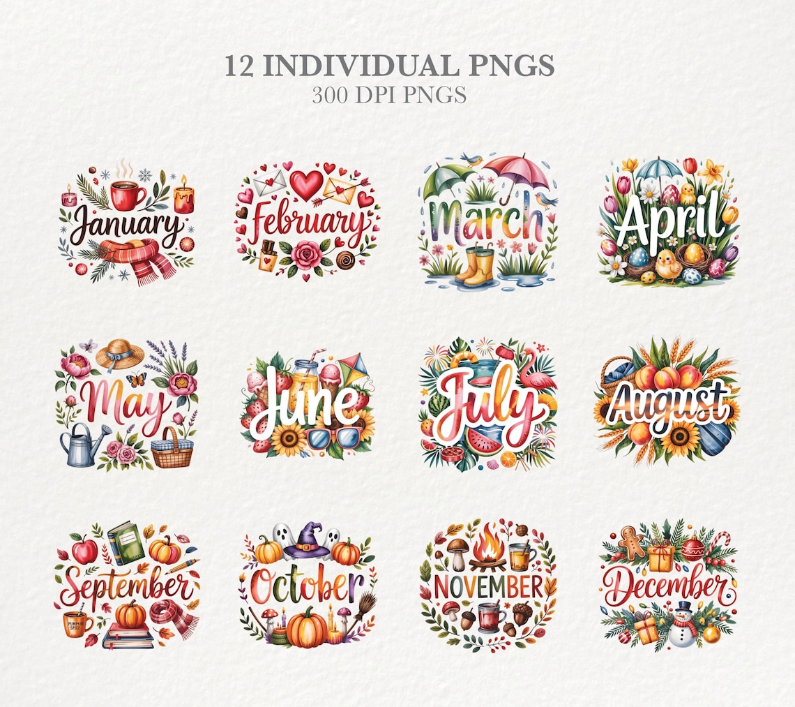Months of the Year Watercolor Clipart, Seasonal Graphics for Planners ...