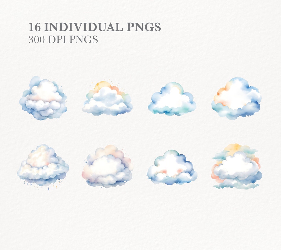 Watercolor Clouds Clipart, Baby Shower Clouds, Nursery Decor, Clip Art ...