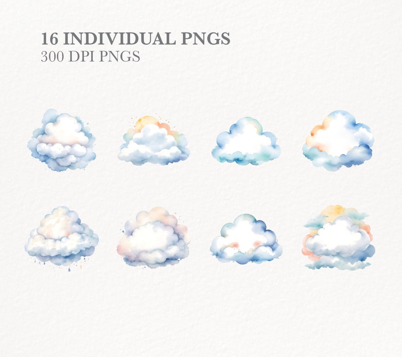 Watercolor Clouds Clipart, Baby Shower Clouds, Nursery Decor, Clip Art ...