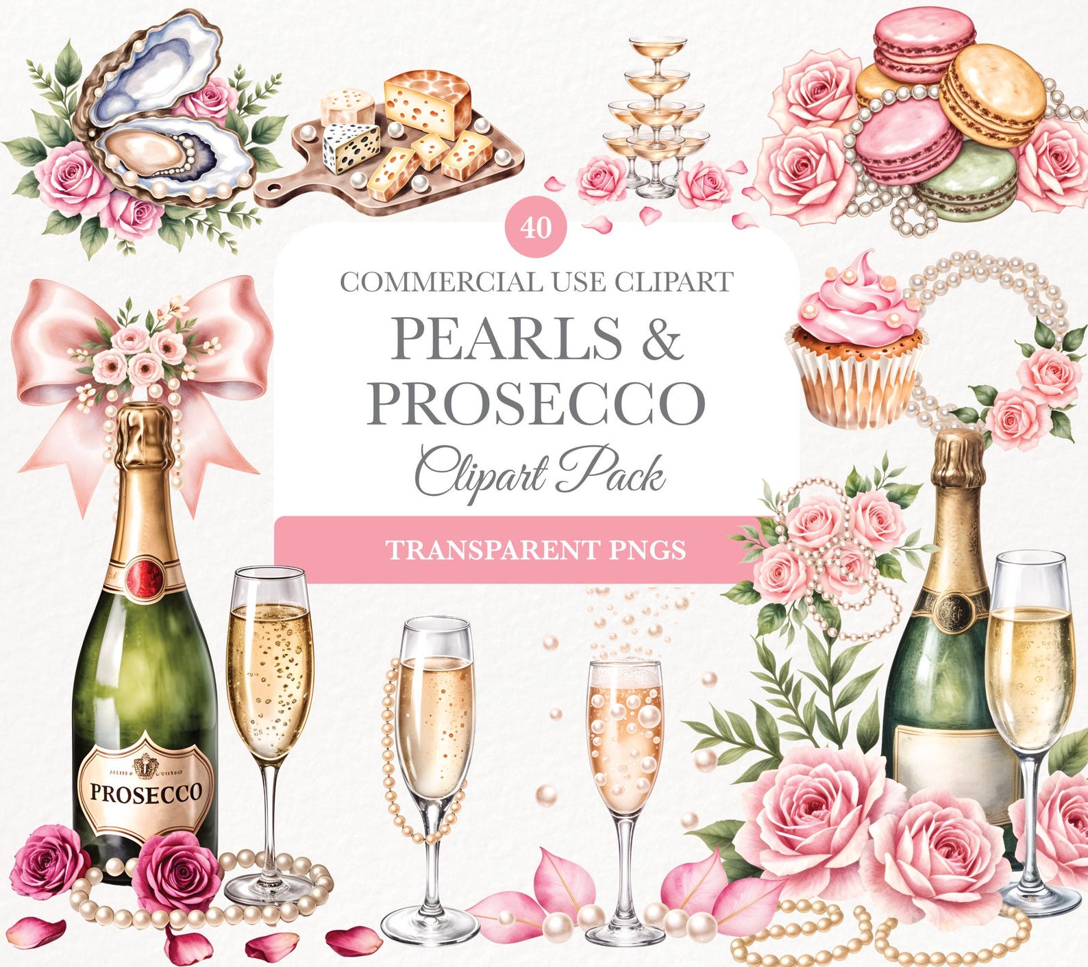 Pearls and Prosecco Clipart: Watercolor Champagne Graphics for Bridal ...