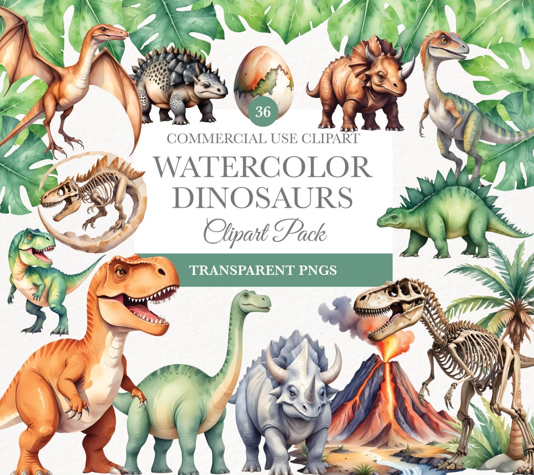 Dino Clipart Watercolor, Commercial Use, Kids Birthday Party, Dino ...
