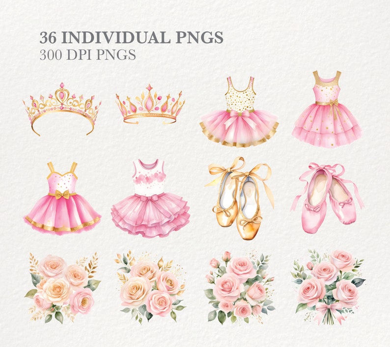 Ballerina Watercolor Clipart, Tutu and Ballet Shoes, Pink Watercolor ...