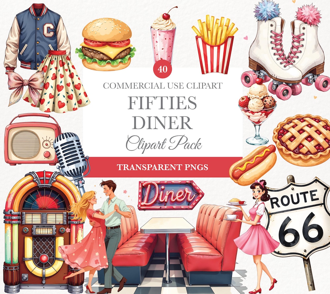 50s Diner Clipart, Retro 1950s Graphics, Vintage Milkshake & Jukebox ...