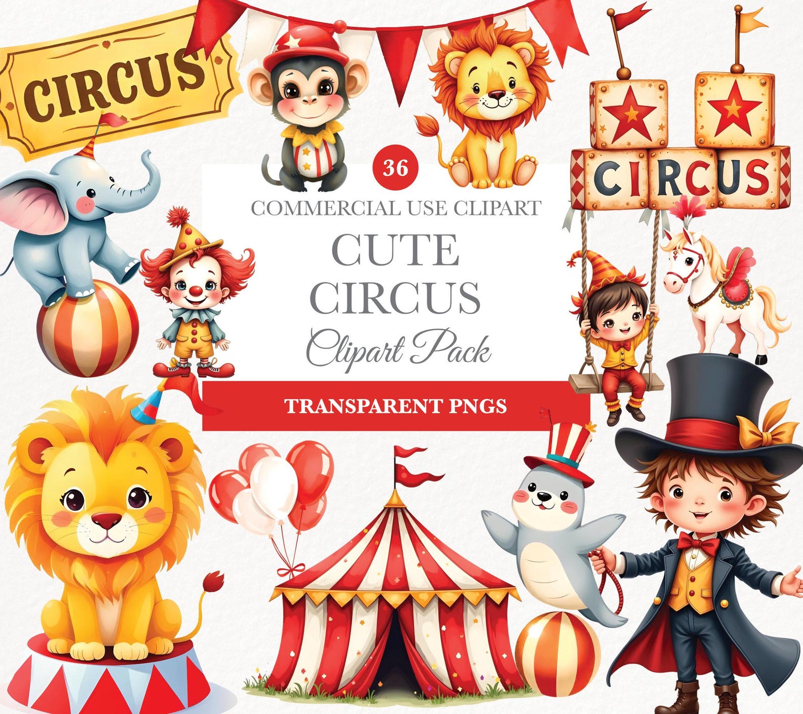 Circus Watercolor Clipart, Baby Shower, Circus Animals Clipart, Nursery ...