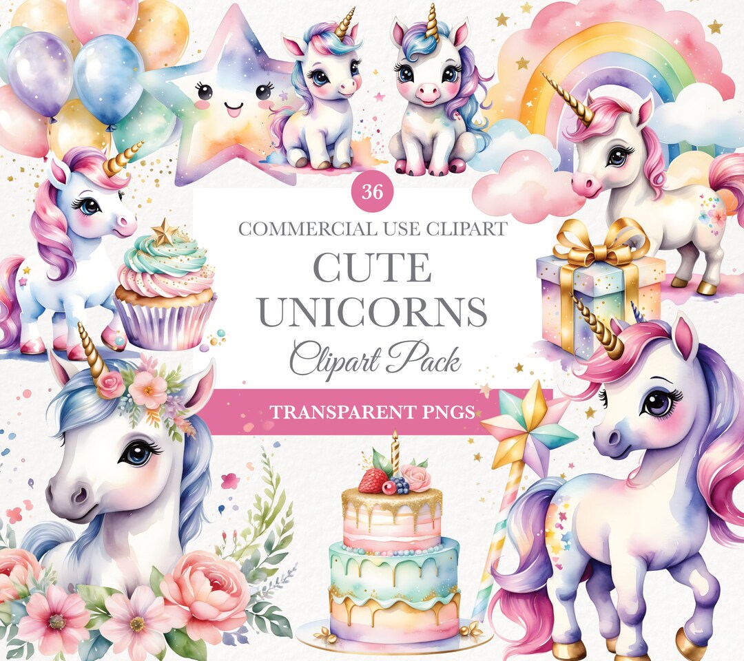 Cute Unicorn Watercolor Clipart, Kawaii Unicorn, Whimsical Graphics ...