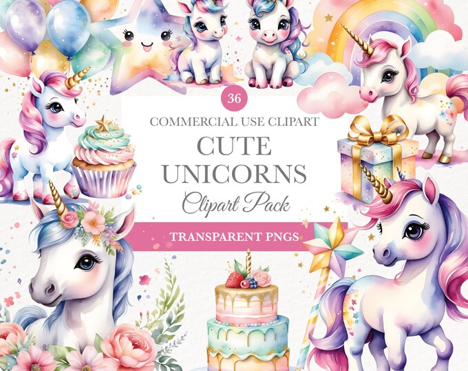 Kawaii Unicorn Cat Clipart Bundle, Unicornrainbow, Cute Printable ...