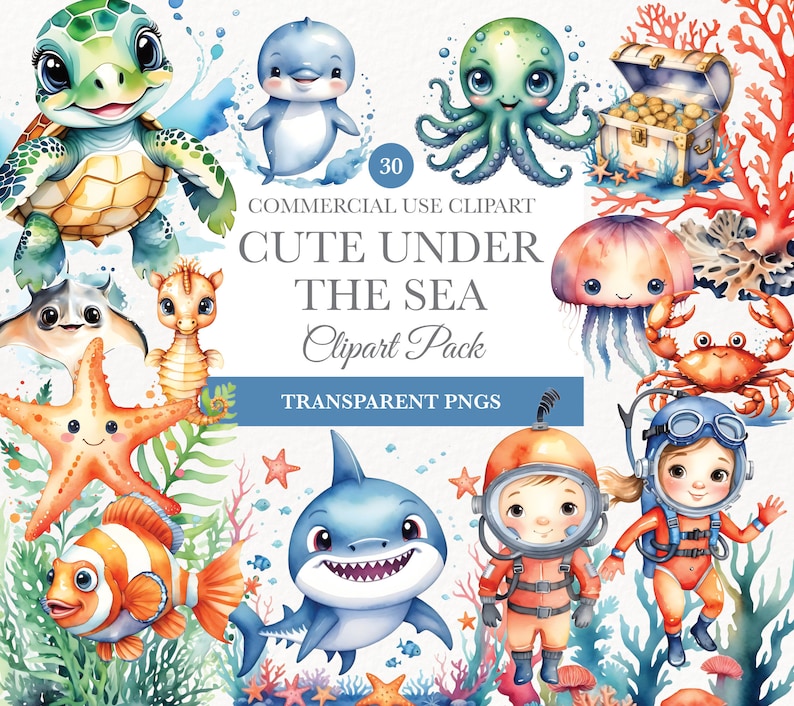 Under the Sea Watercolor Clipart, Transparent Pngs, Baby Shower, Sea ...