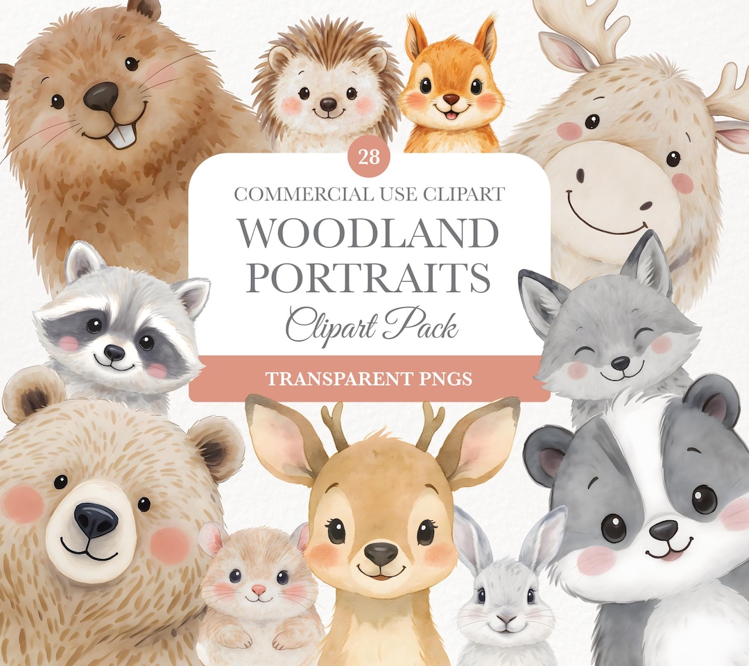 Watercolor Woodland Portraits Clipart, Cute Baby Animals, Nursery Decor ...
