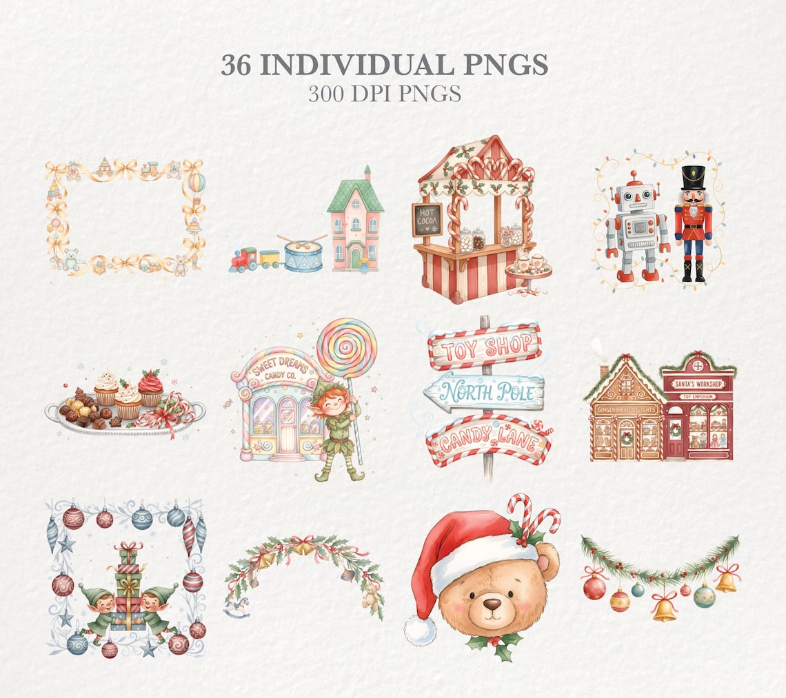 Christmas Toy Shop Clipart, Festive Holiday PNG Graphics, Vintage ...