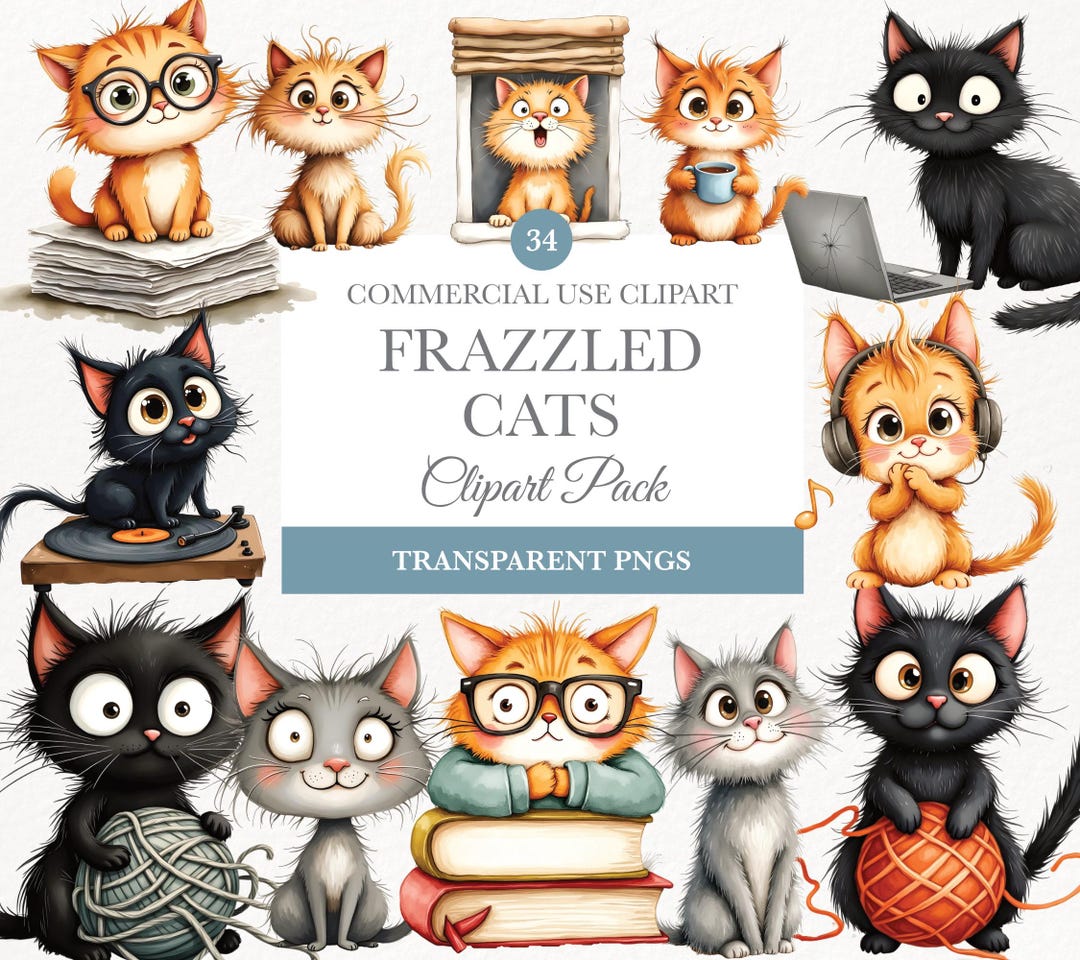 Frazzled Cat Clip Art, High Res Watercolor Jpgs for Scrapbooking ...