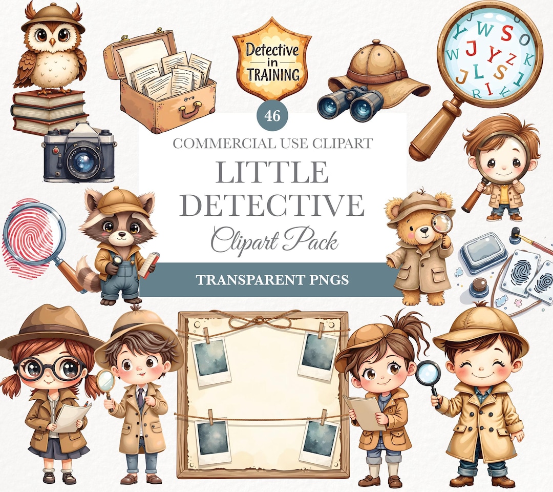Watercolor Clipart Detective, Cute Detective Art, Secret Agent Clipart ...