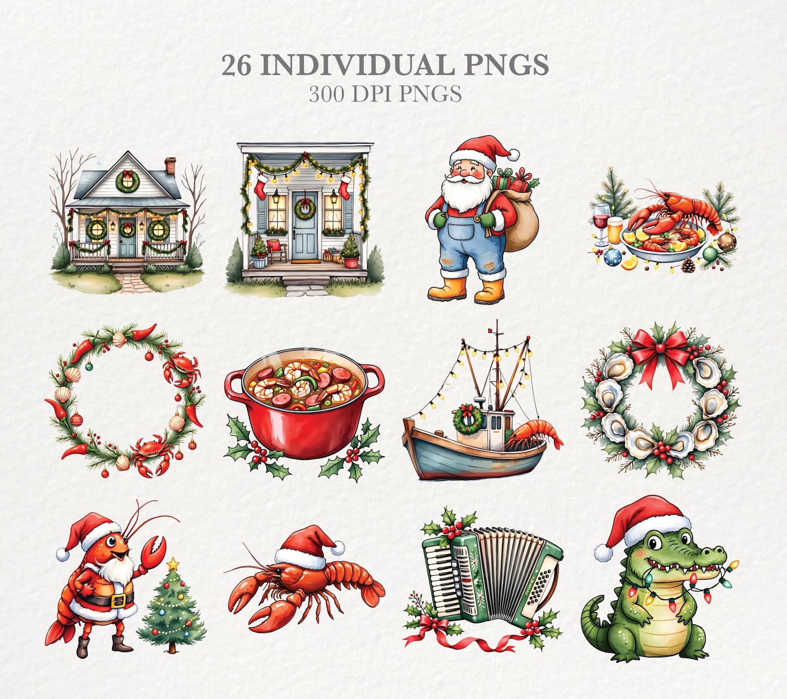 Cajun Christmas Clipart, Watercolor Santa and Alligator Art, Southern ...
