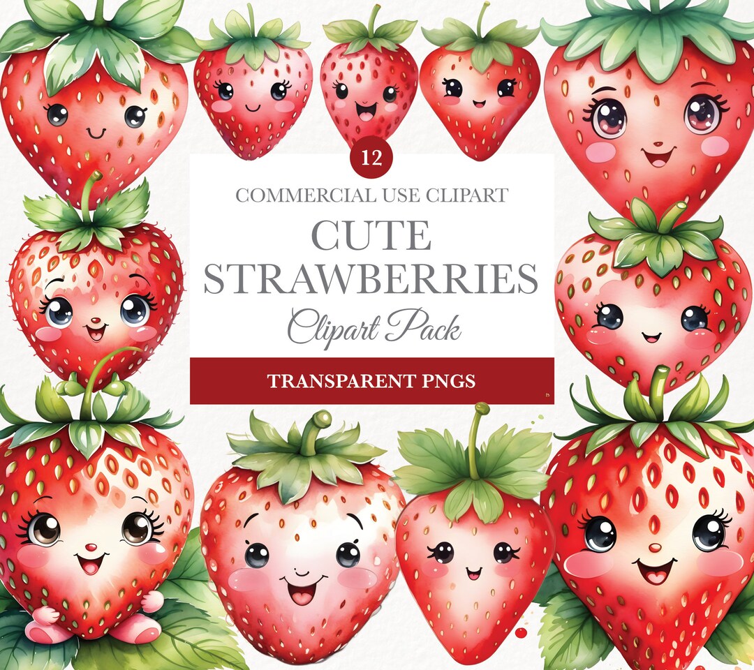 Kawaii Strawberries, Digital Download, Instant Download, Kawaii Fruits ...