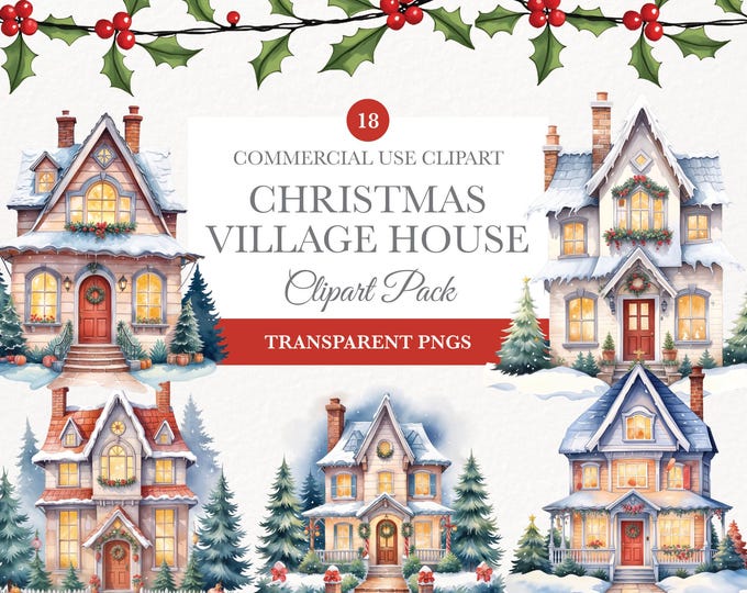 Winter Houses Clipart, Snowy Winter Homes, Cozy Home Clipart, Christmas ...