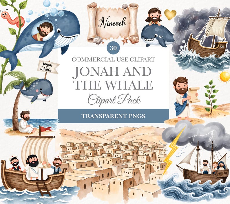 Jonah and the Whale Clipart, Cute Bible Story Illustrations, Digital ...