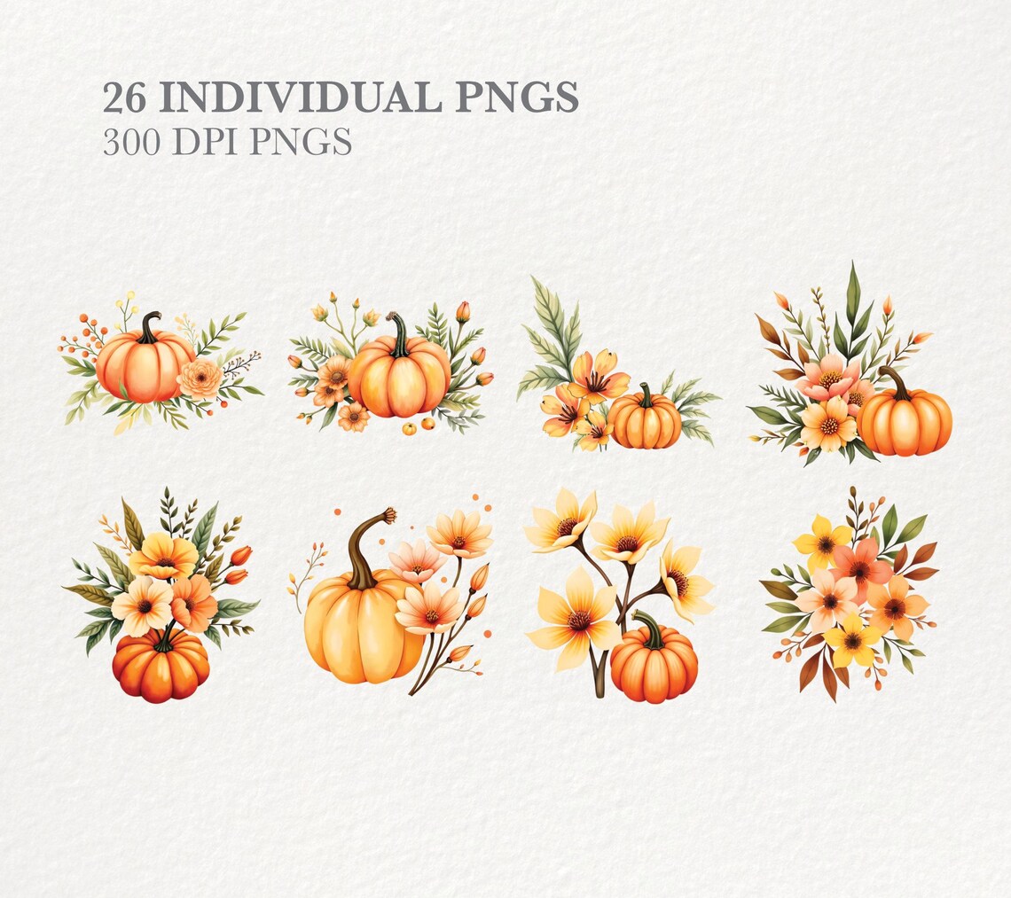Autumn Bouquets Clipart, Pumpkin Clipart, Terracotta Flowers, Fall ...