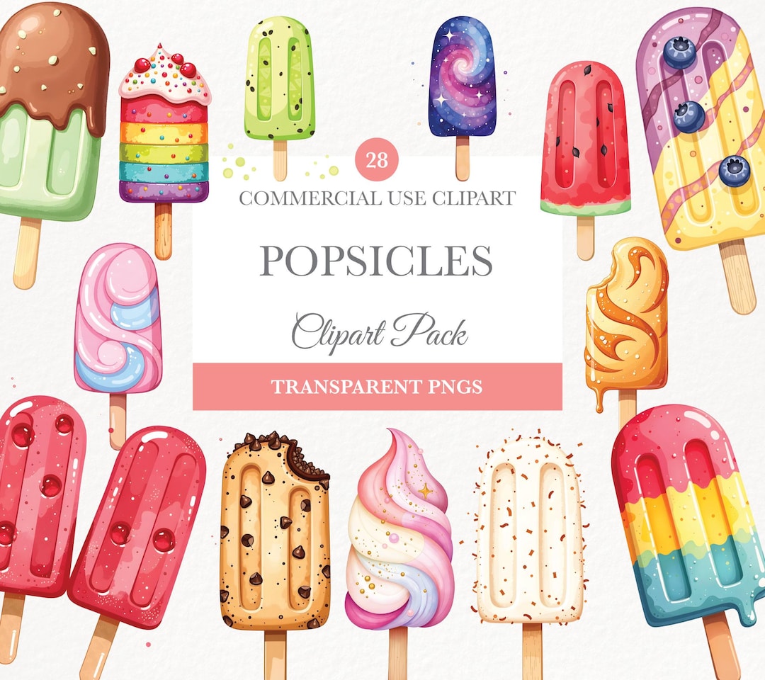 Popsicle Stick Clipart, Watercolor Ice Cream, Digital PNG, Colorful ...