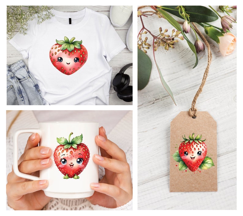 Kawaii Strawberries, Digital Download, Instant Download, Kawaii Fruits ...
