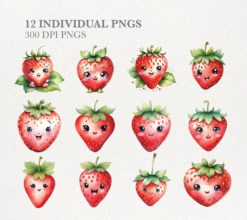 Kawaii Strawberries, Digital Download, Instant Download, Kawaii Fruits ...