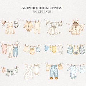 Baby Clothes Line Clipart, Watercolor Newborn Art, Cute Nursery Decor ...