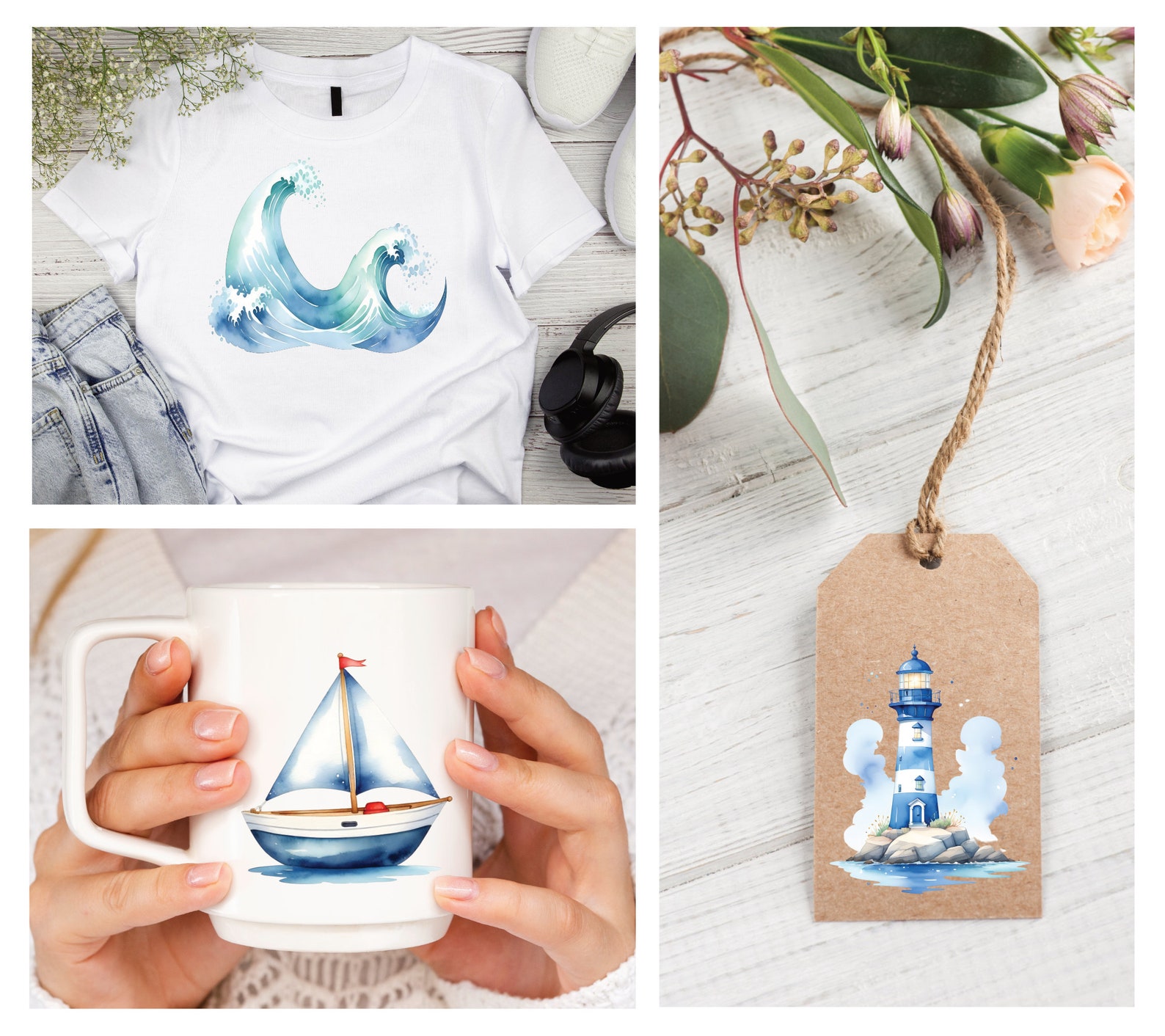 Watercolor Nautical Clipart Bundle, Lighthouse Set for Digital Download ...