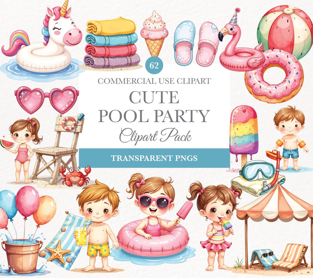 Pool Party Clipart, Fun Summer Kids Birthday Art, Watercolor Ice Cream ...