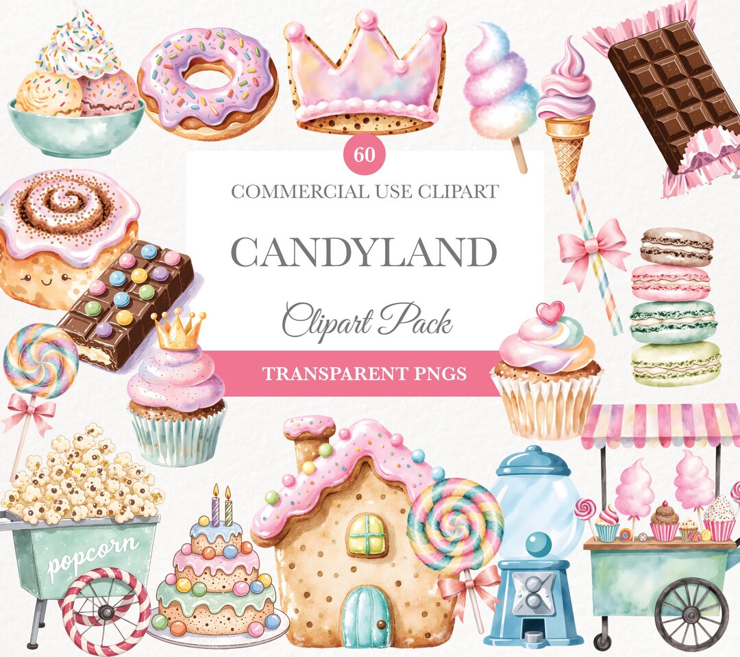 Land of the Sweets Clip Art, Watercolor Candyland Illustrations ...