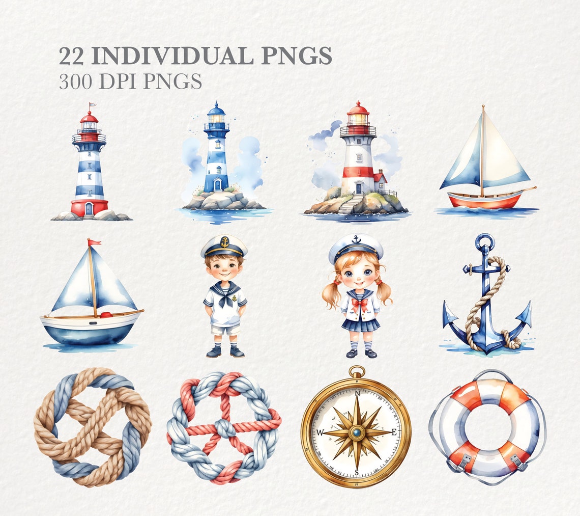 Watercolor Nautical Clipart Bundle, Lighthouse Set for Digital Download ...