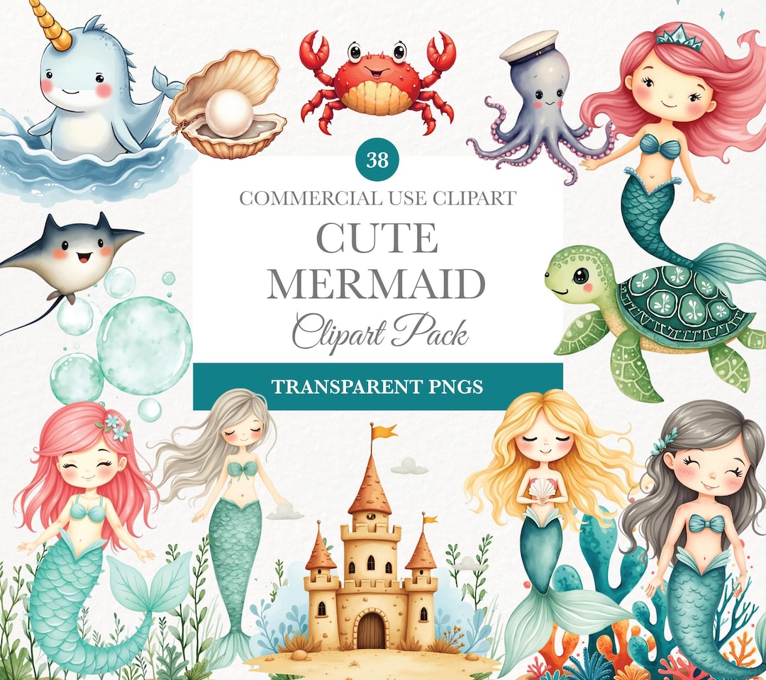 Watercolor Mermaids Clipart, Cute Sea Creatures, Underwater Nursery Art ...
