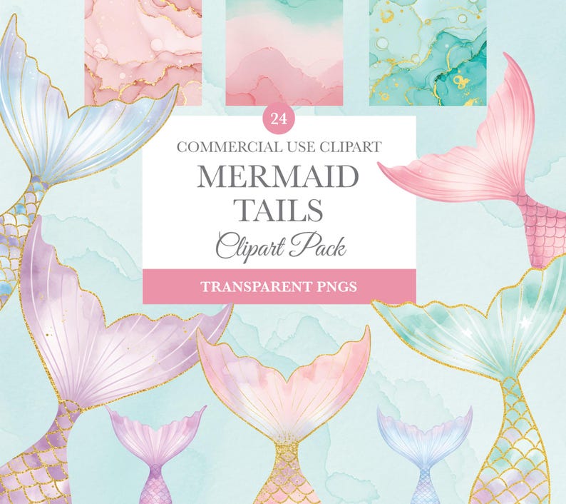 Watercolor Mermaid Tail Clipart, Underwater Clipart for Baby Showers ...