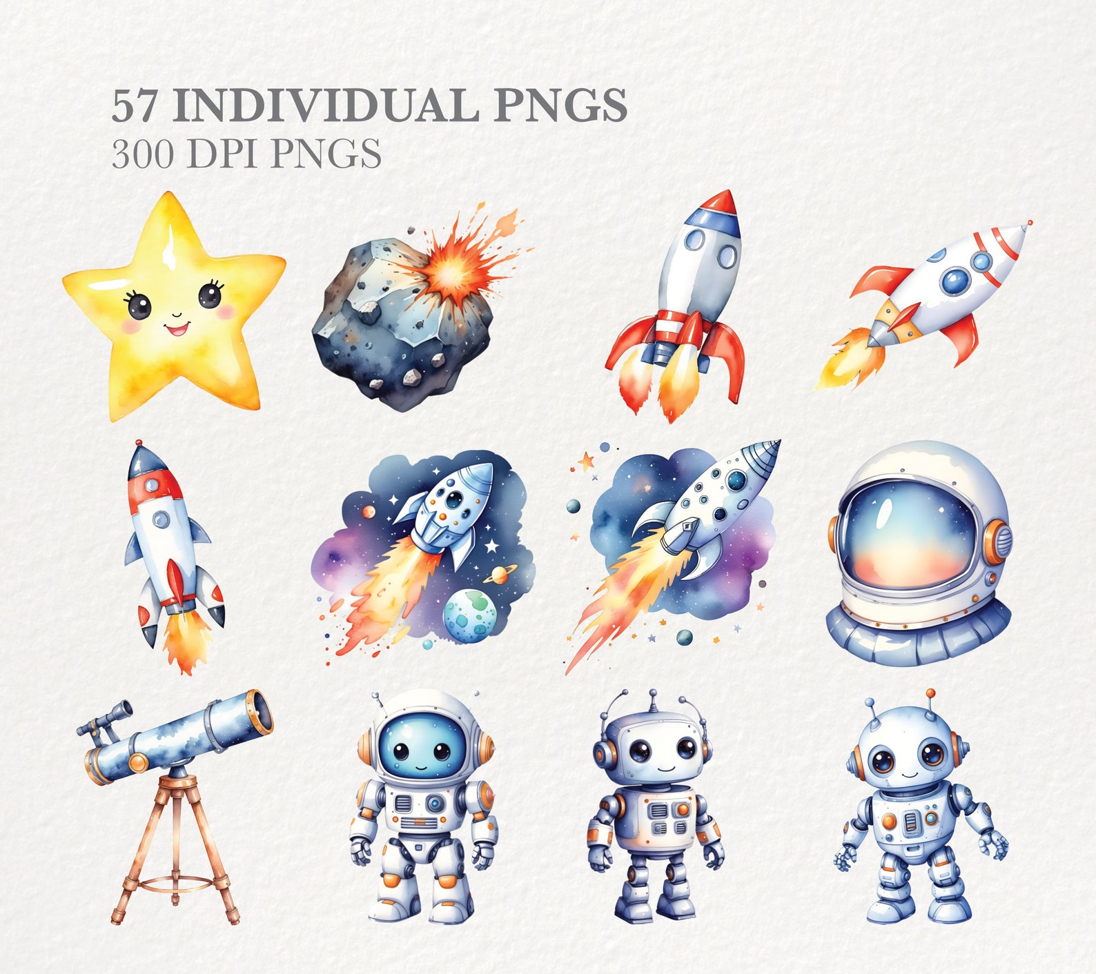 Astronaut and Space Watercolor Clipart, Cute Outerspace Clipart, Rocket ...