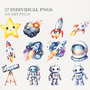 Astronaut and Space Watercolor Clipart, Cute Outerspace Clipart, Rocket ...