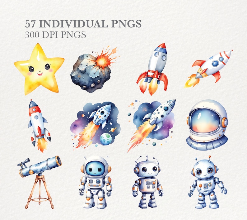 Astronaut and Space Watercolor Clipart, Cute Outerspace Clipart, Rocket ...