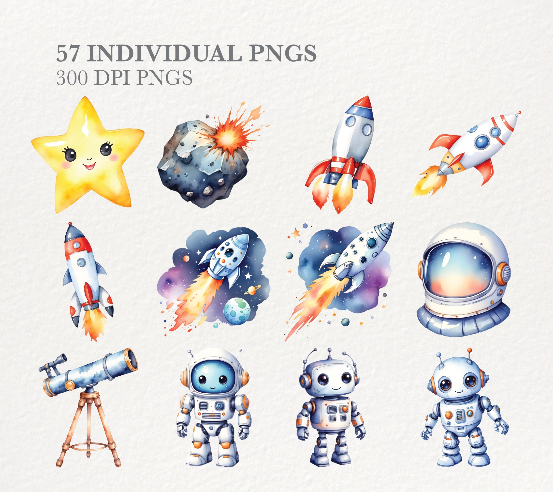 Astronaut and Space Watercolor Clipart, Cute Outerspace Clipart, Rocket ...