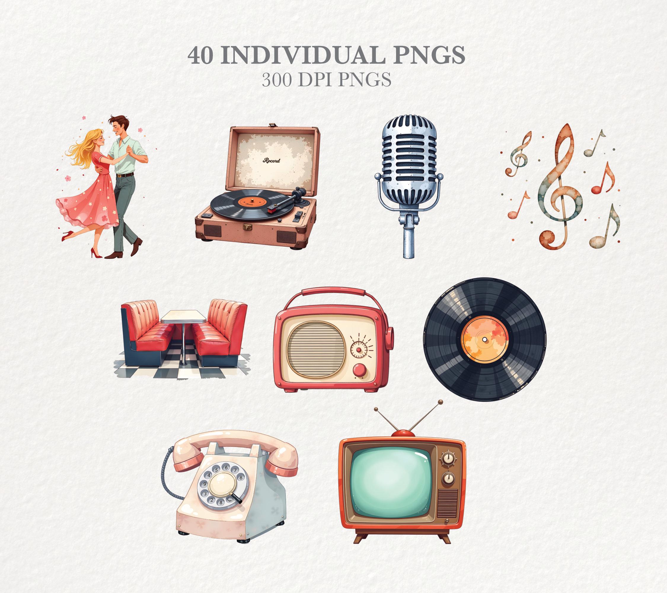 50s Diner Clipart, Retro 1950s Graphics, Vintage Milkshake & Jukebox ...