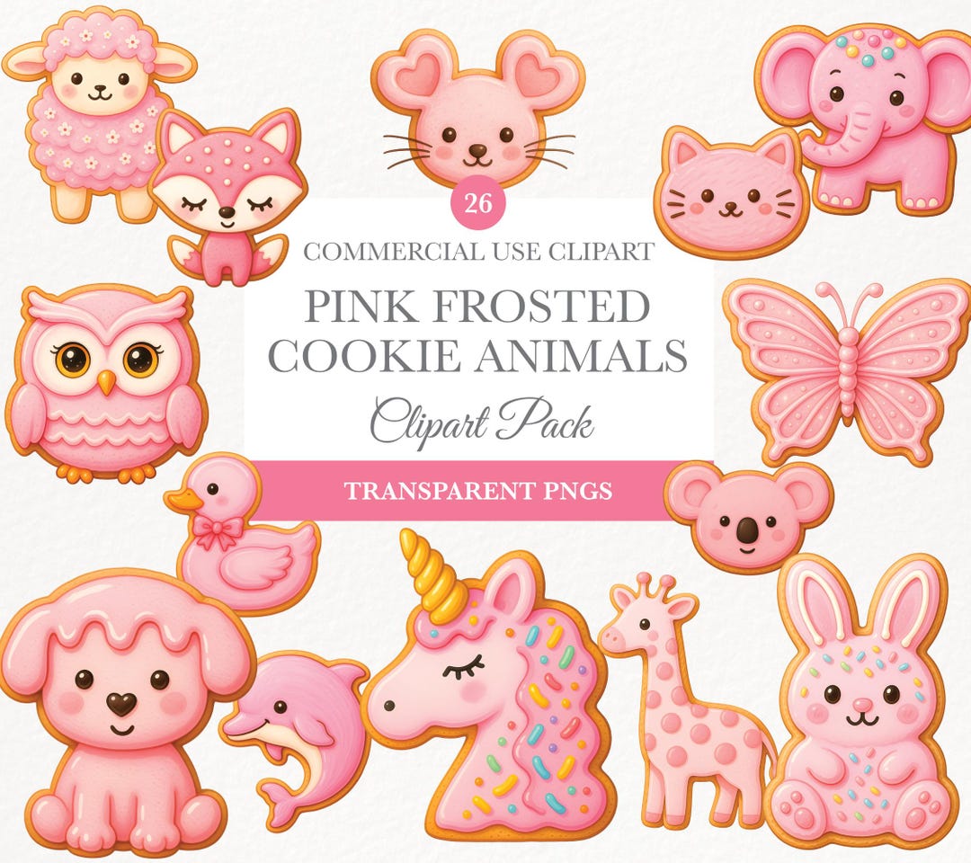 Frosted Animal Cookie Clipart, Pink Iced Cookies PNG, Digital Bakery ...