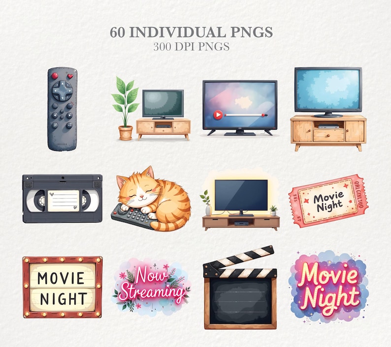 Movie Night Clipart, Digital Download, Cinema Graphics, Popcorn Art ...
