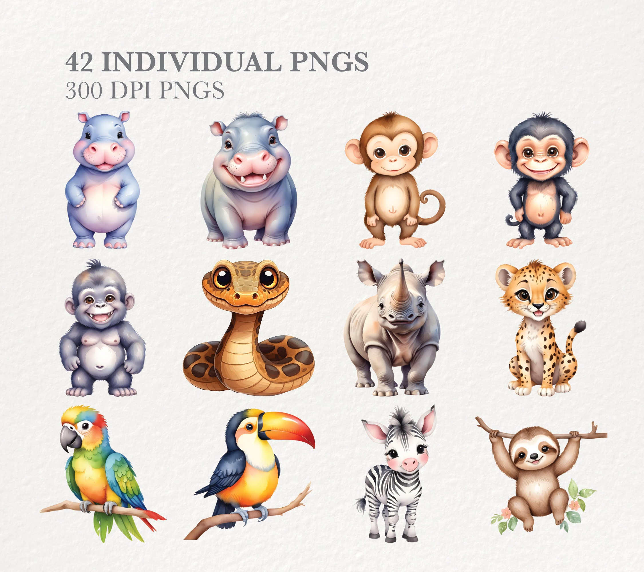 Cute Jungle Animals Clipart, Safari Baby Animal PNG, Watercolor Animal ...